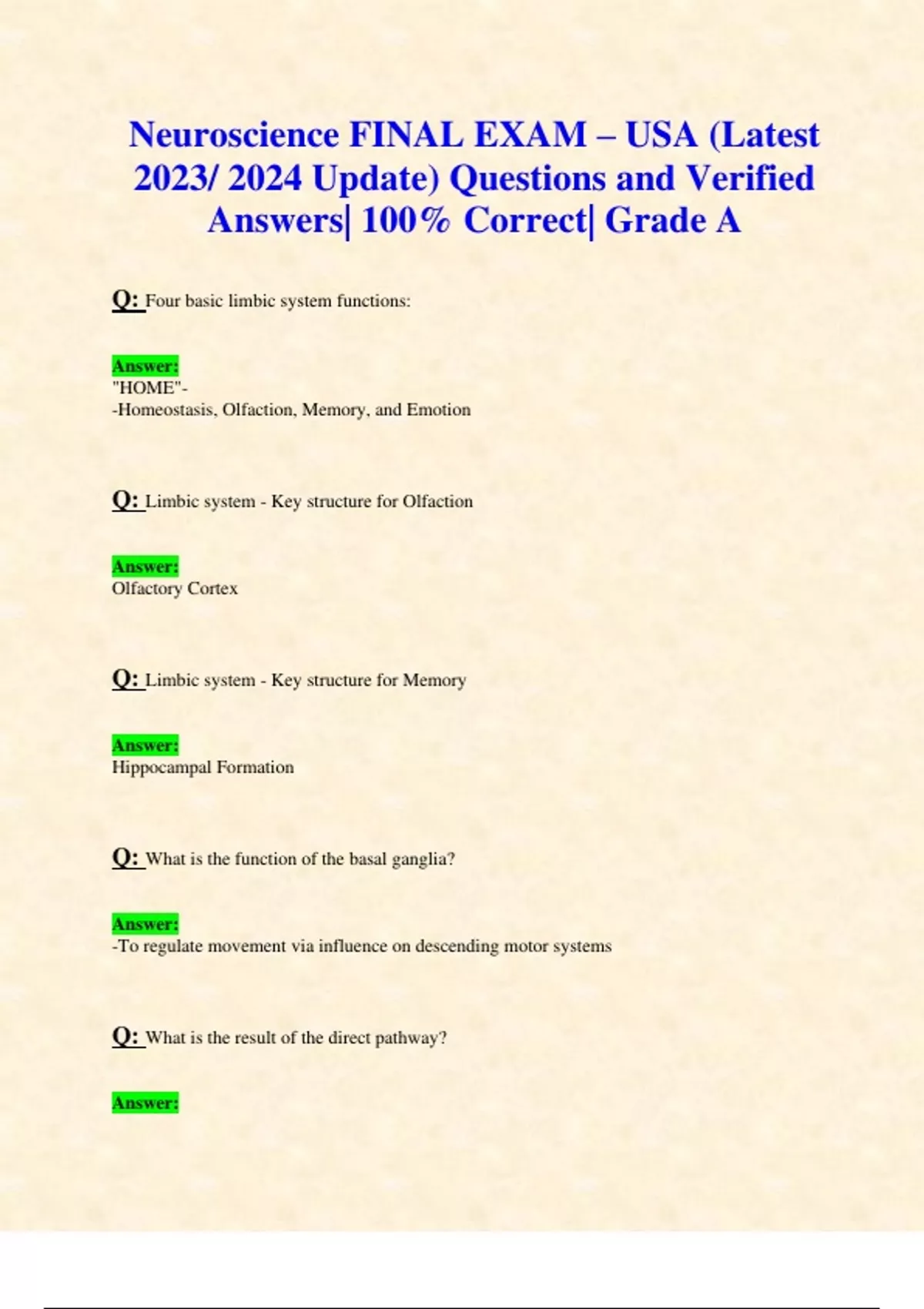 Neuroscience FINAL EXAM – USA (Latest 2023/ 2024 Update) Questions and ...