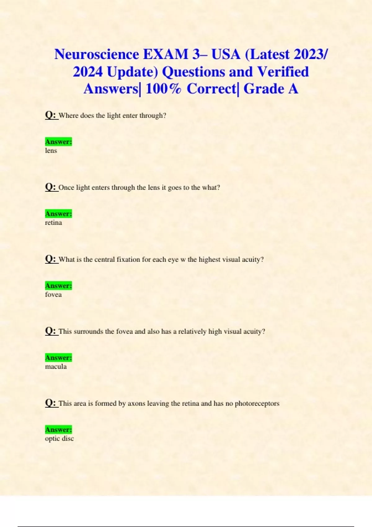 Neuroscience EXAM 3– USA (Latest 2023/ 2024 Update) Questions and ...