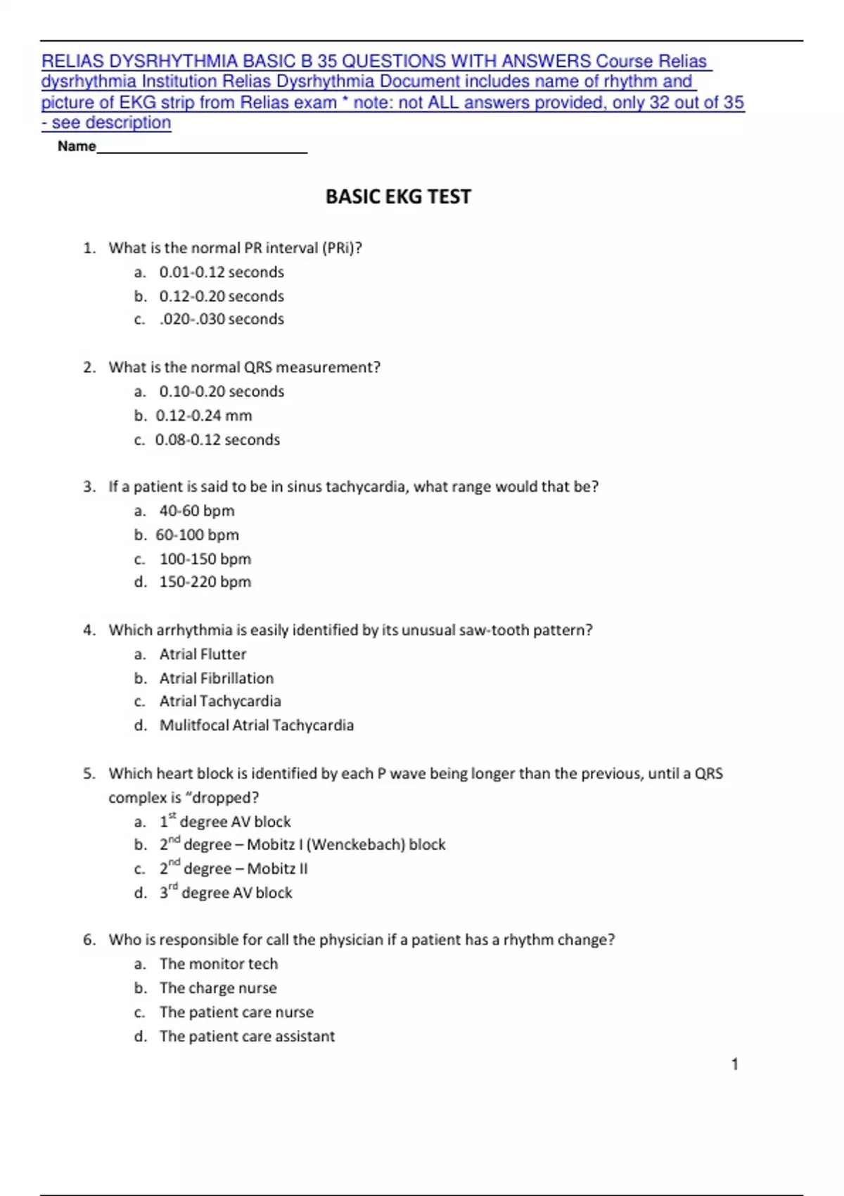 RELIAS DYSRHYTHMIA BASIC B 35 QUESTIONS WITH ANSWERS Course Relias ...