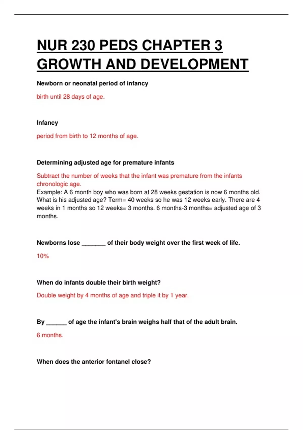 NUR 230 / NUR230 PEDS CHAPTER 3 GROWTH AND DEVELOPMENT OF NEWBORNS AND INFANTS. QUESTIONS AND ...