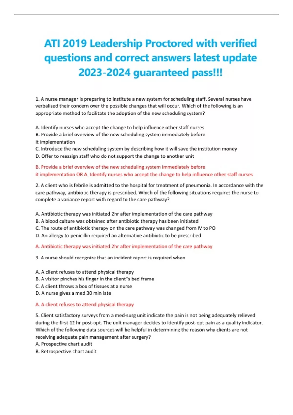 ATI 2019 Leadership Proctored with verified questions and correct ...