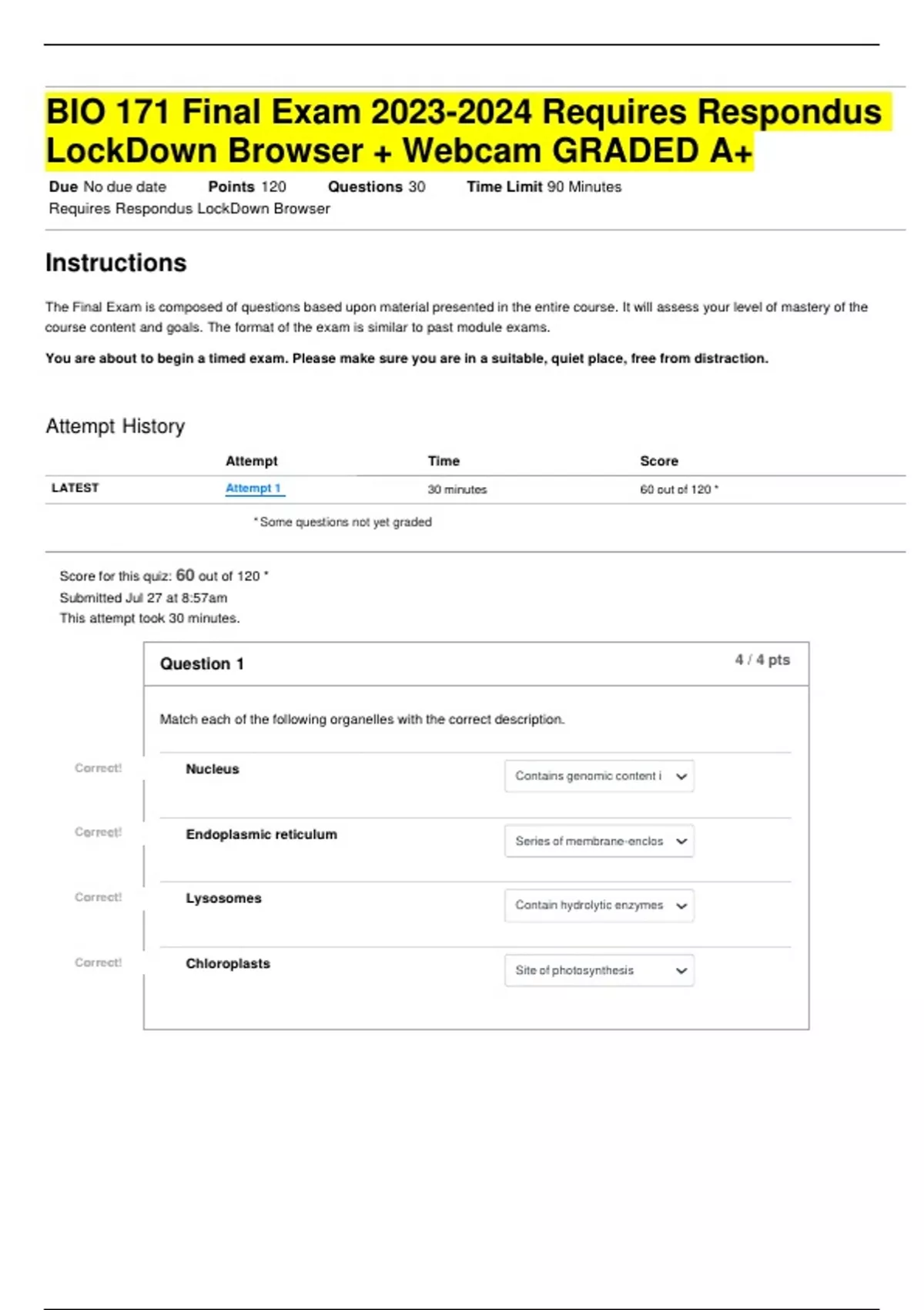 BIO 171 Final Exam Requires Respondus LockDown Browser + Webcam GRADED ...