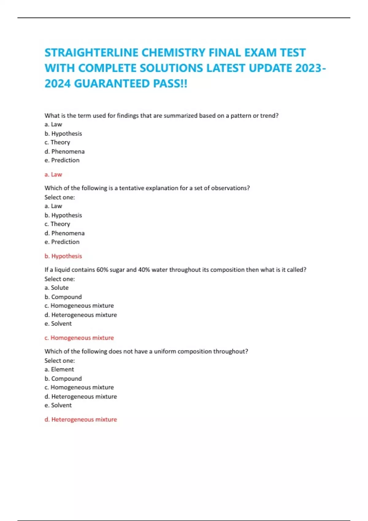 STRAIGHTERLINE CHEMISTRY FINAL EXAM TEST WITH COMPLETE SOLUTIONS LATEST ...