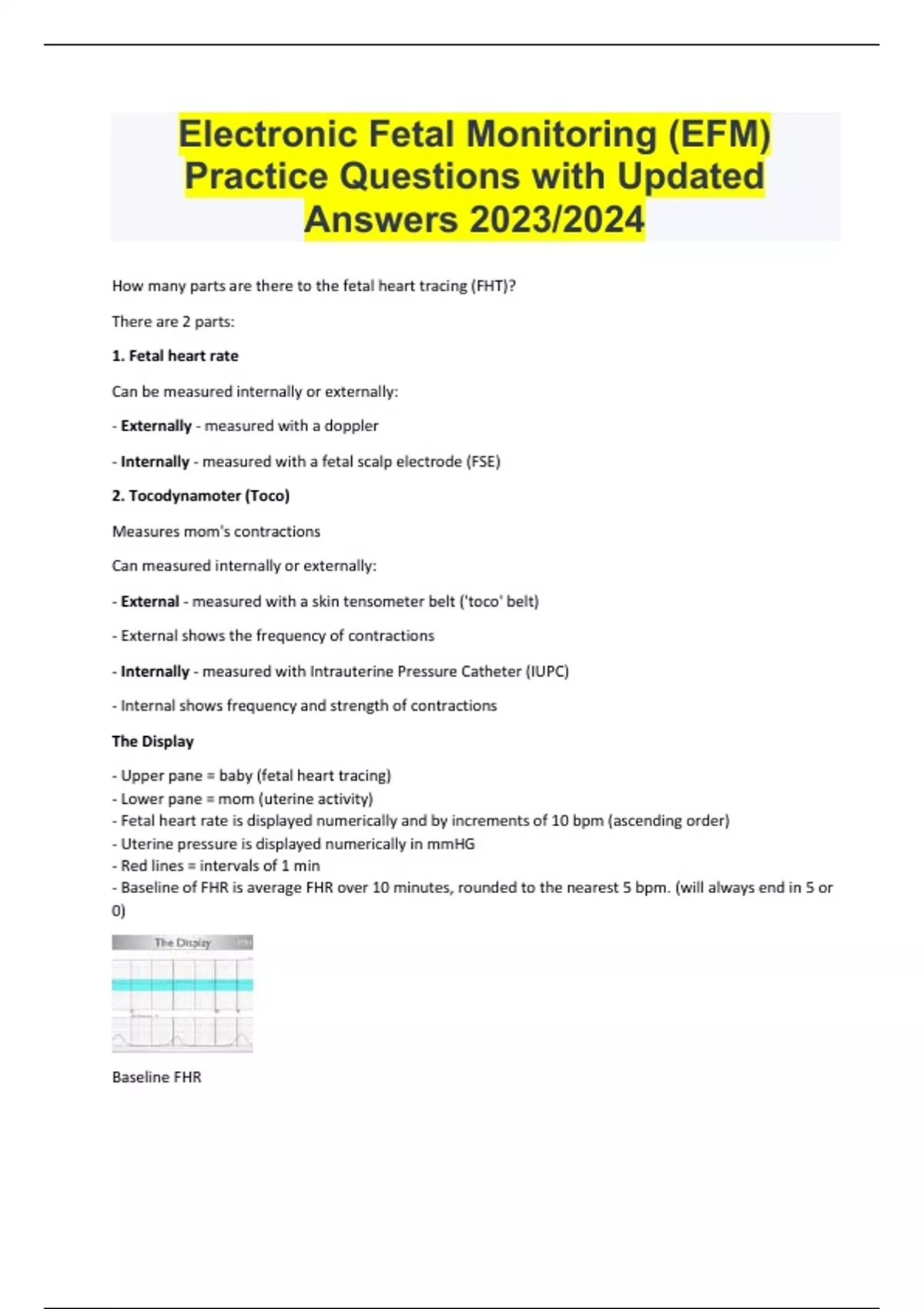 Electronic Fetal Monitoring (EFM) Practice Questions with Updated Answers 2023_2024 - Ncc efm ...