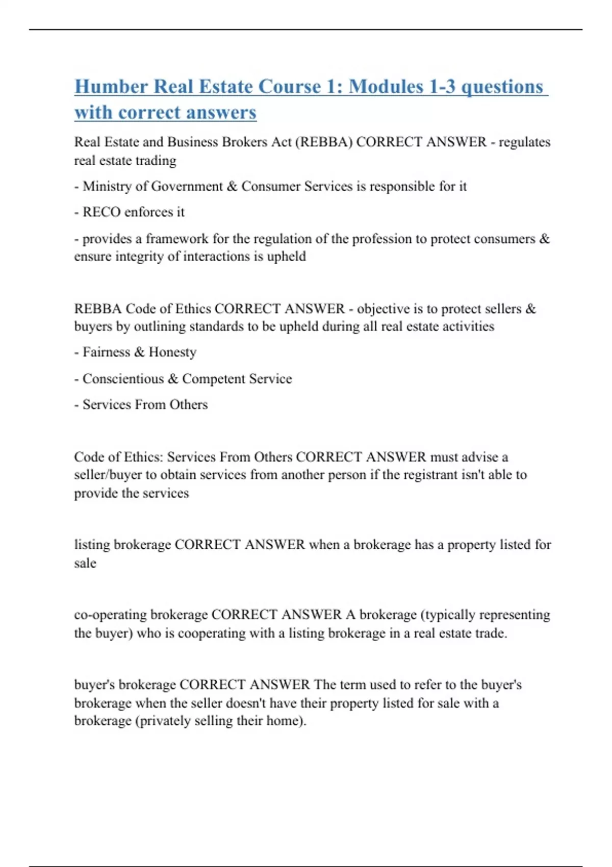 Humber Real Estate Course 1: Modules 1-3 questions with correct answers ...