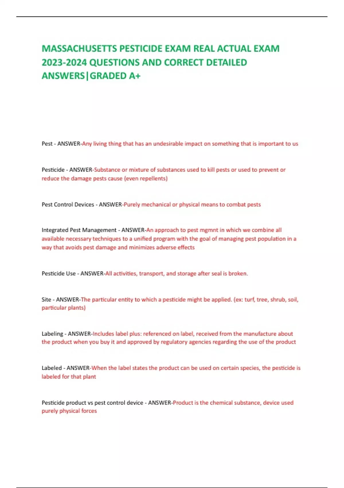 MASSACHUSETTS PESTICIDE EXAM REAL ACTUAL EXAM QUESTIONS AND CORRECT ...