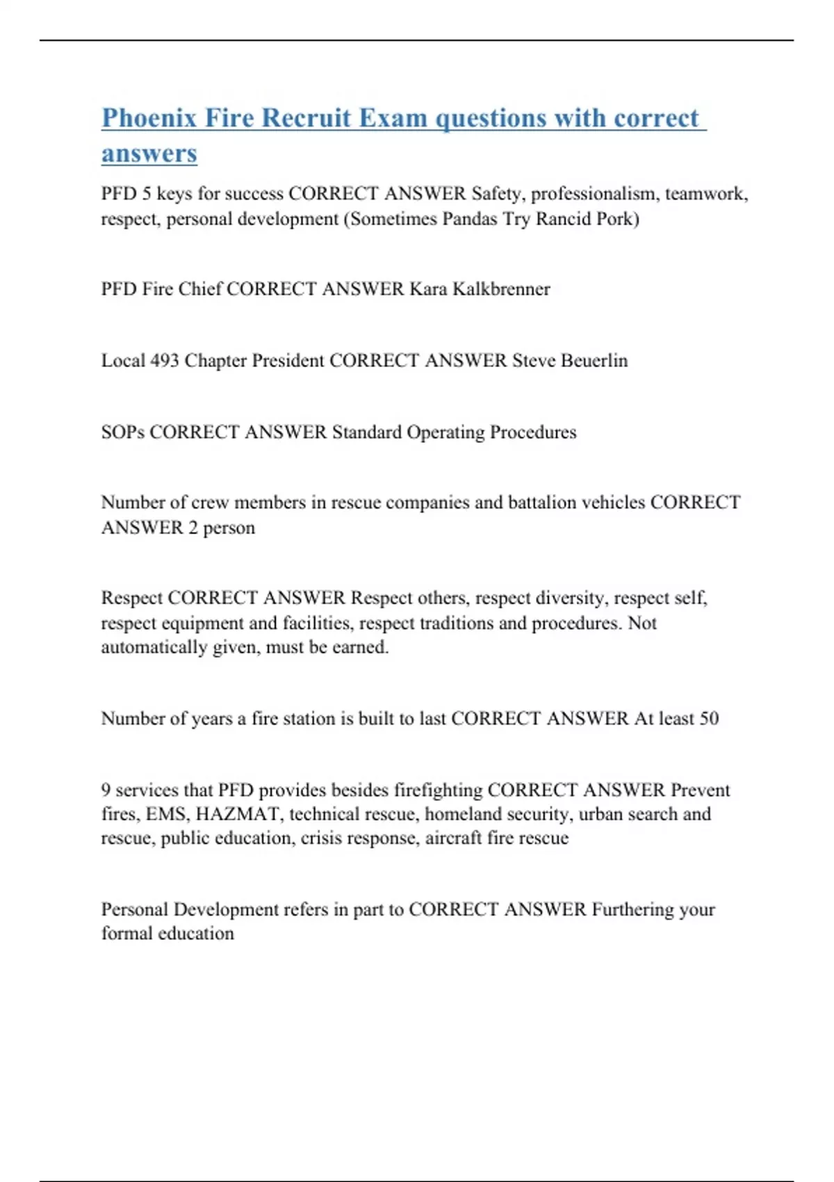 Phoenix Fire Recruit Exam questions with correct answers - Phoenix Fire ...