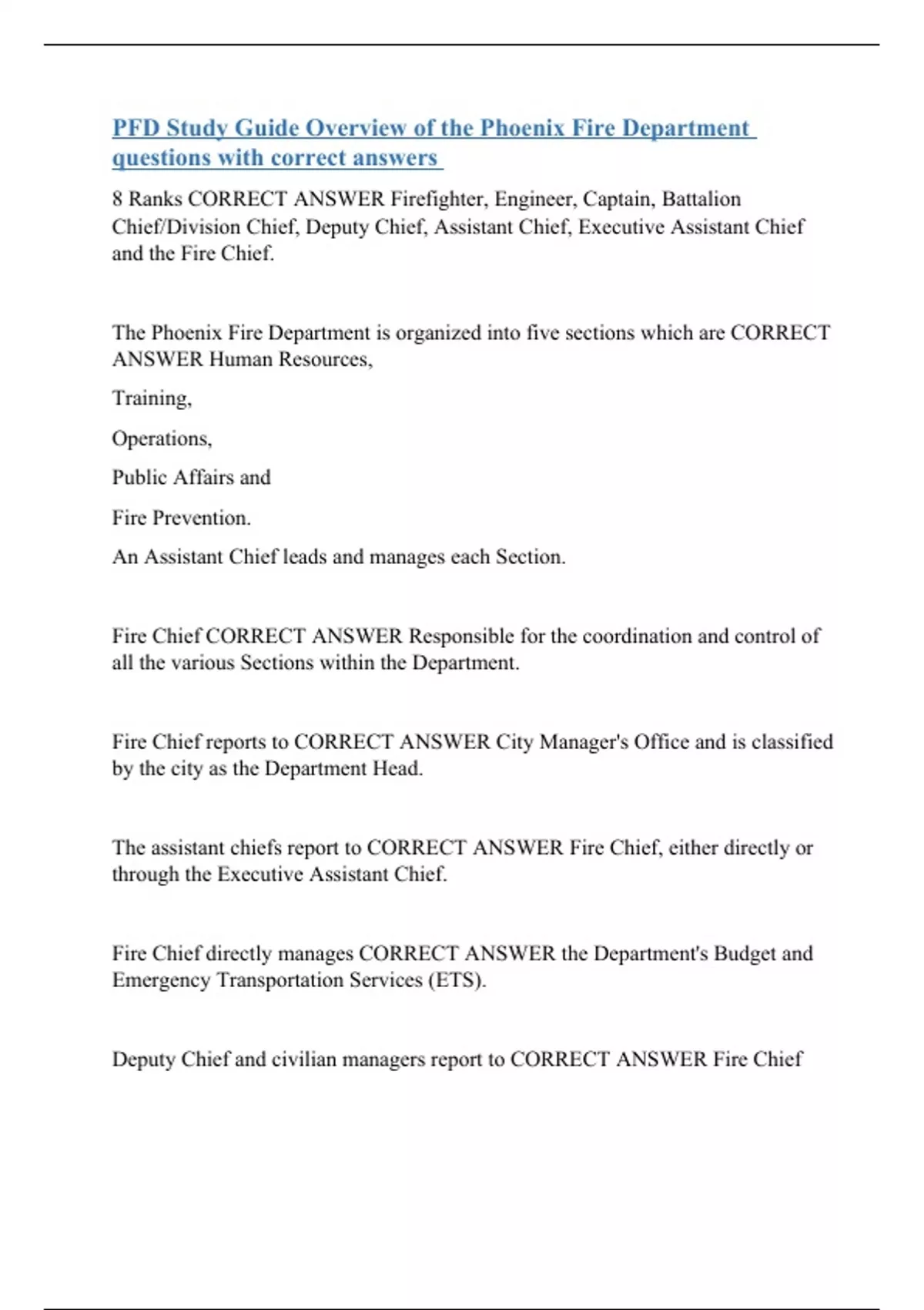 PFD Study Guide Overview of the Phoenix Fire Department questions with ...