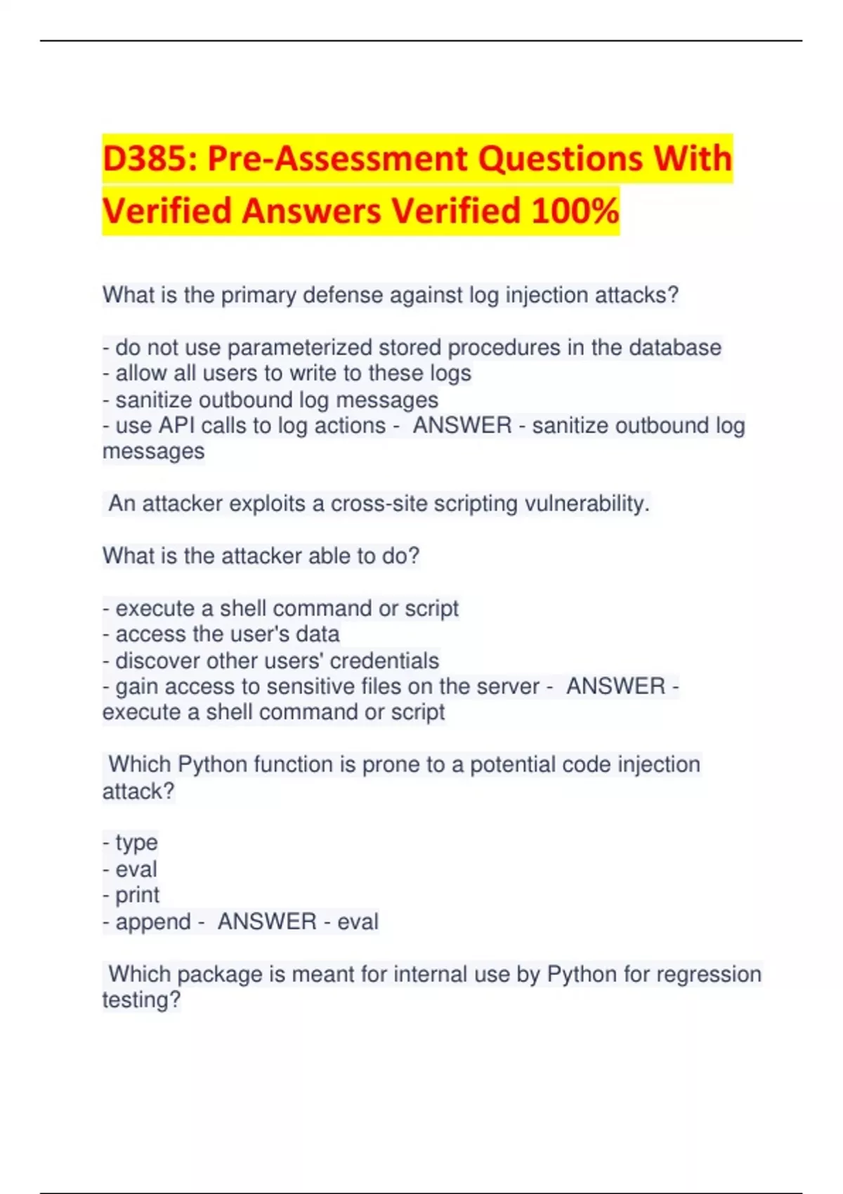 D385: Pre-Assessment Questions With Verified Answers Verified 100 ...