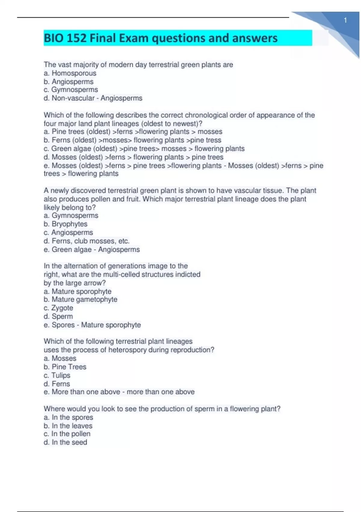 BIO 152 Final Exam questions and answers 2024/2025 - BIO 152 - Stuvia US