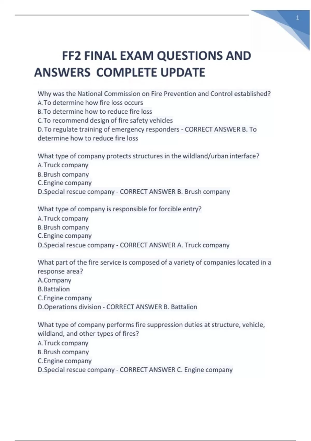 FF2 FINAL EXAM QUESTIONS AND ANSWERS COMPLETE UPDATE - FF2 - Stuvia US