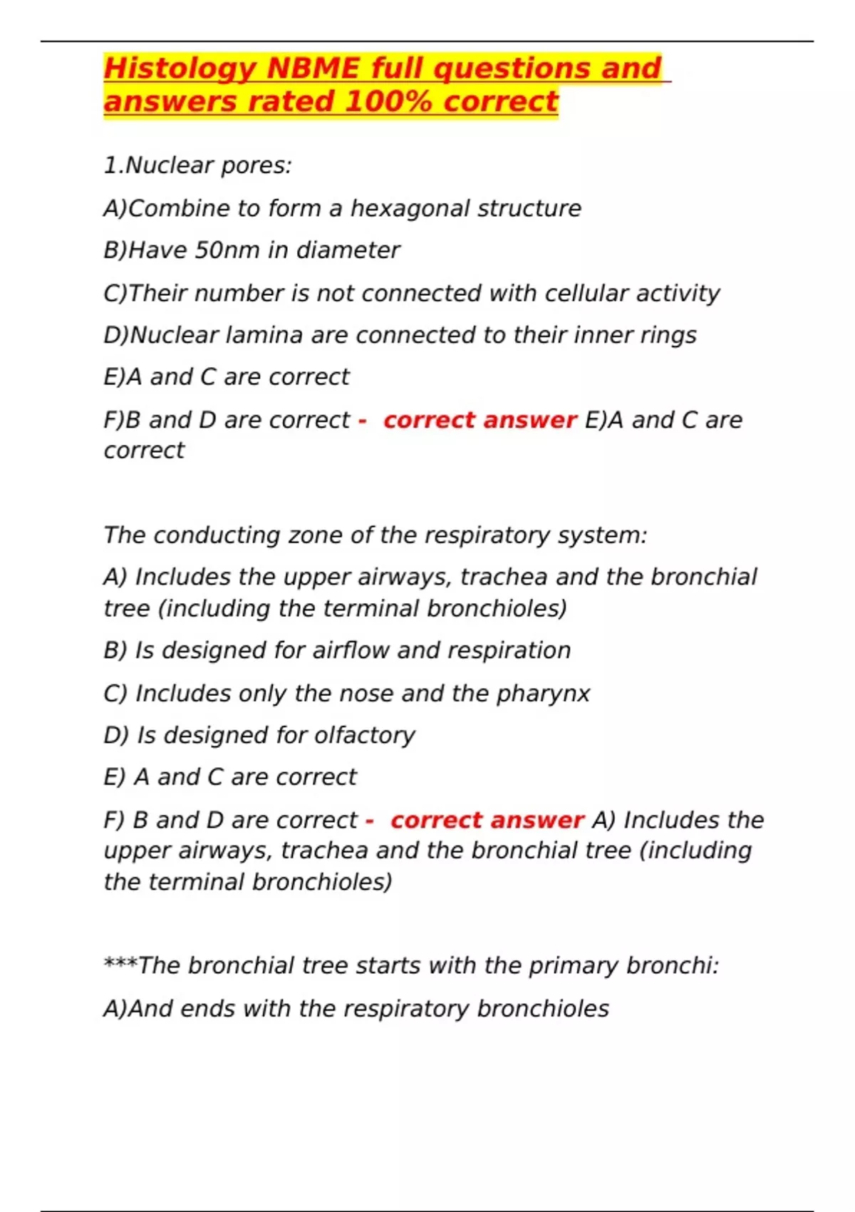 Histology NBME full questions and answers rated 100% correct ...