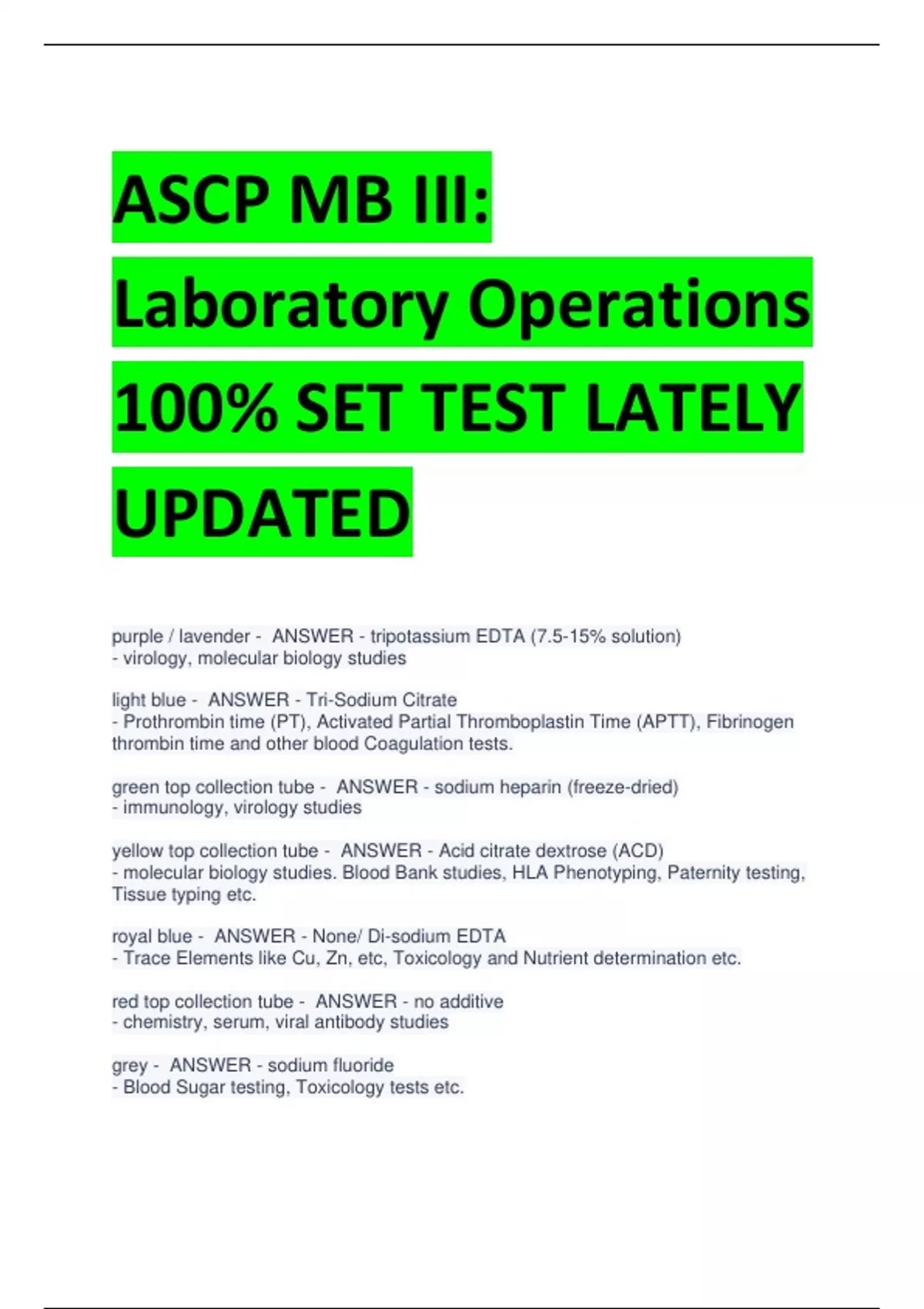 ASCP MB III: Laboratory Operations 100% SET TEST LATELY UPDATED - ASCP ...