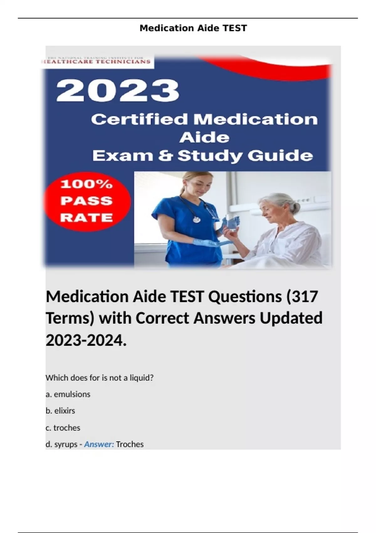 Medication Aide TEST Questions (317 Terms) with Correct Answers Updated ...