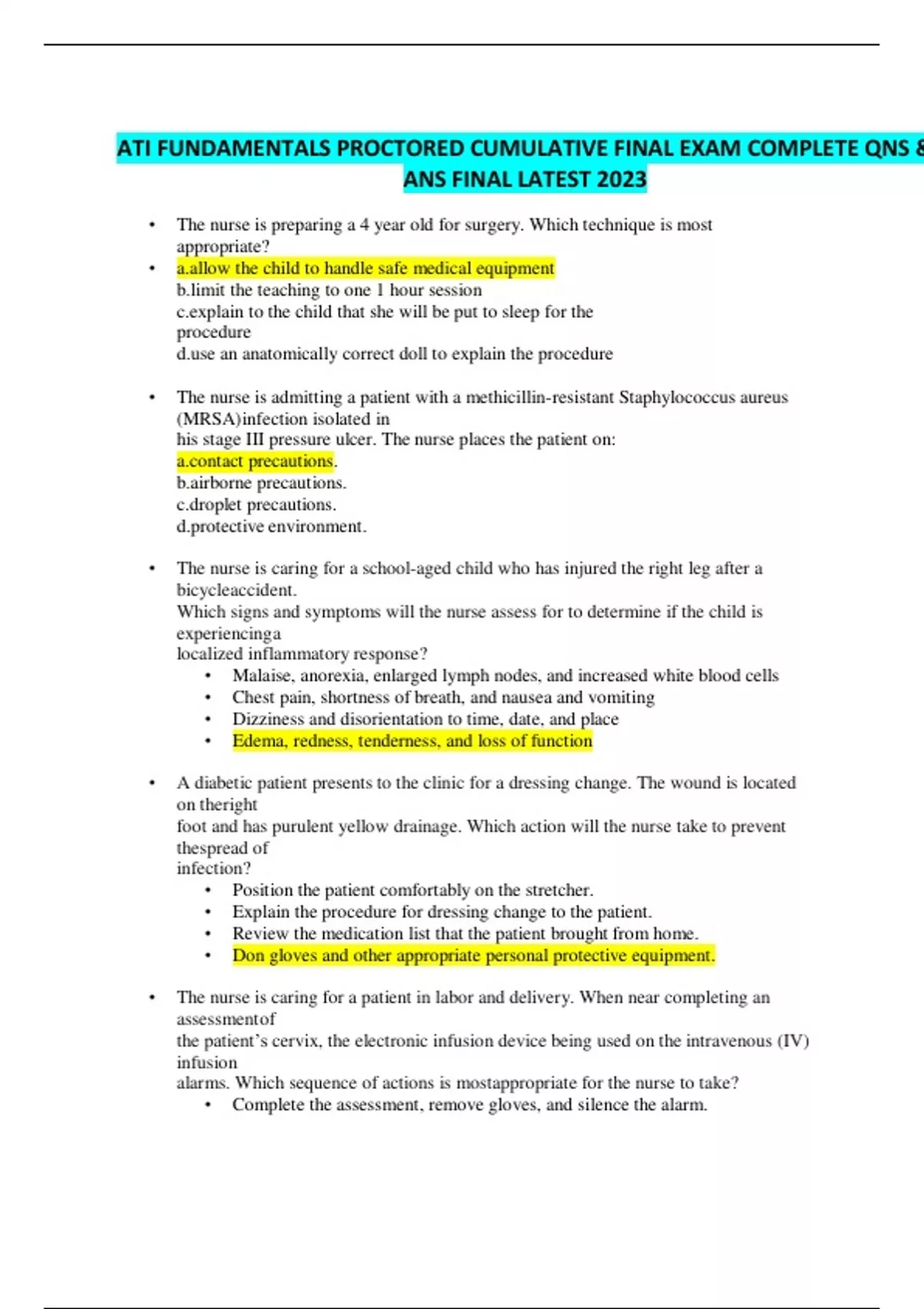 ATI FUNDAMENTALS PROCTORED CUMULATIVE FINAL EXAM COMPLETE QNS & ANS ...