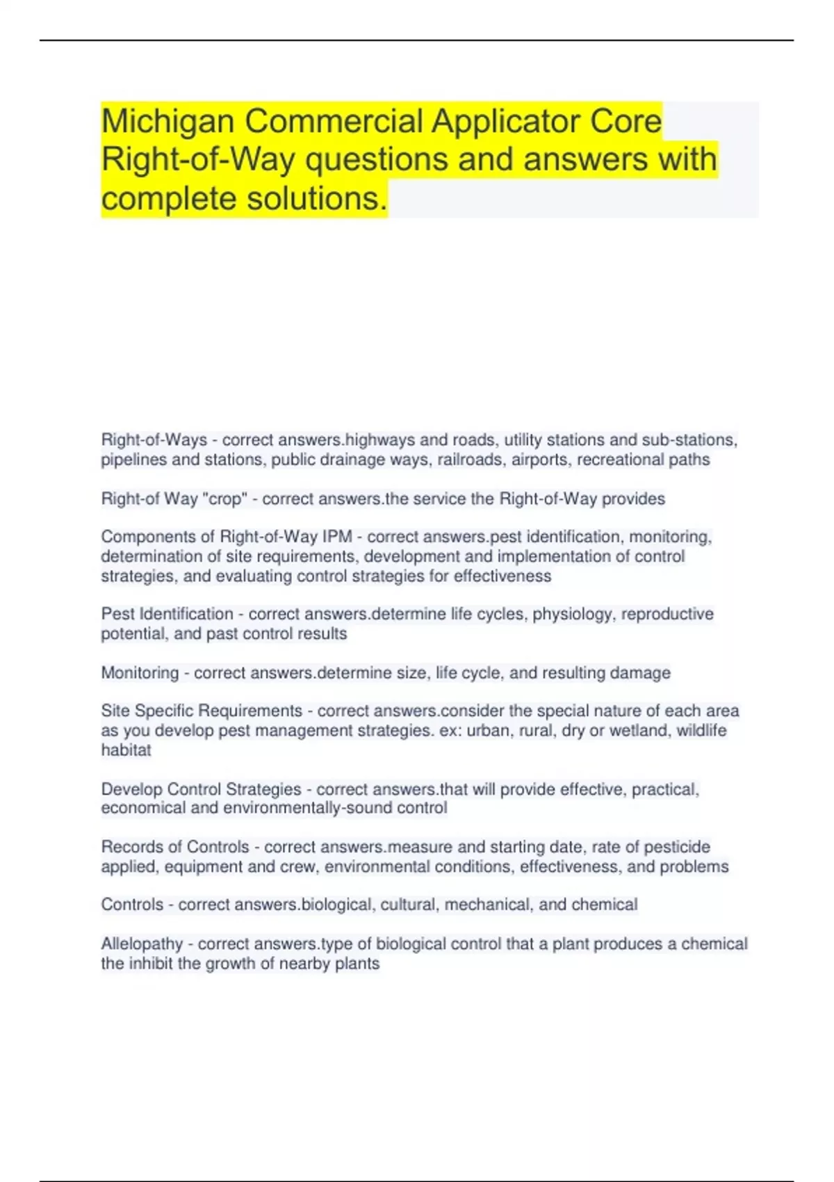 Michigan Commercial Applicator Core Right-of-Way questions and answers ...