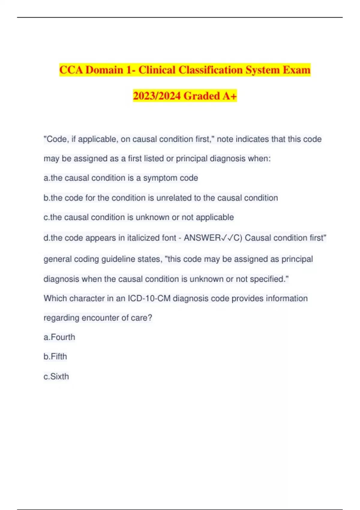 CCA Domain 1- Clinical Classification System Exam 2023/2024 Graded A+ ...