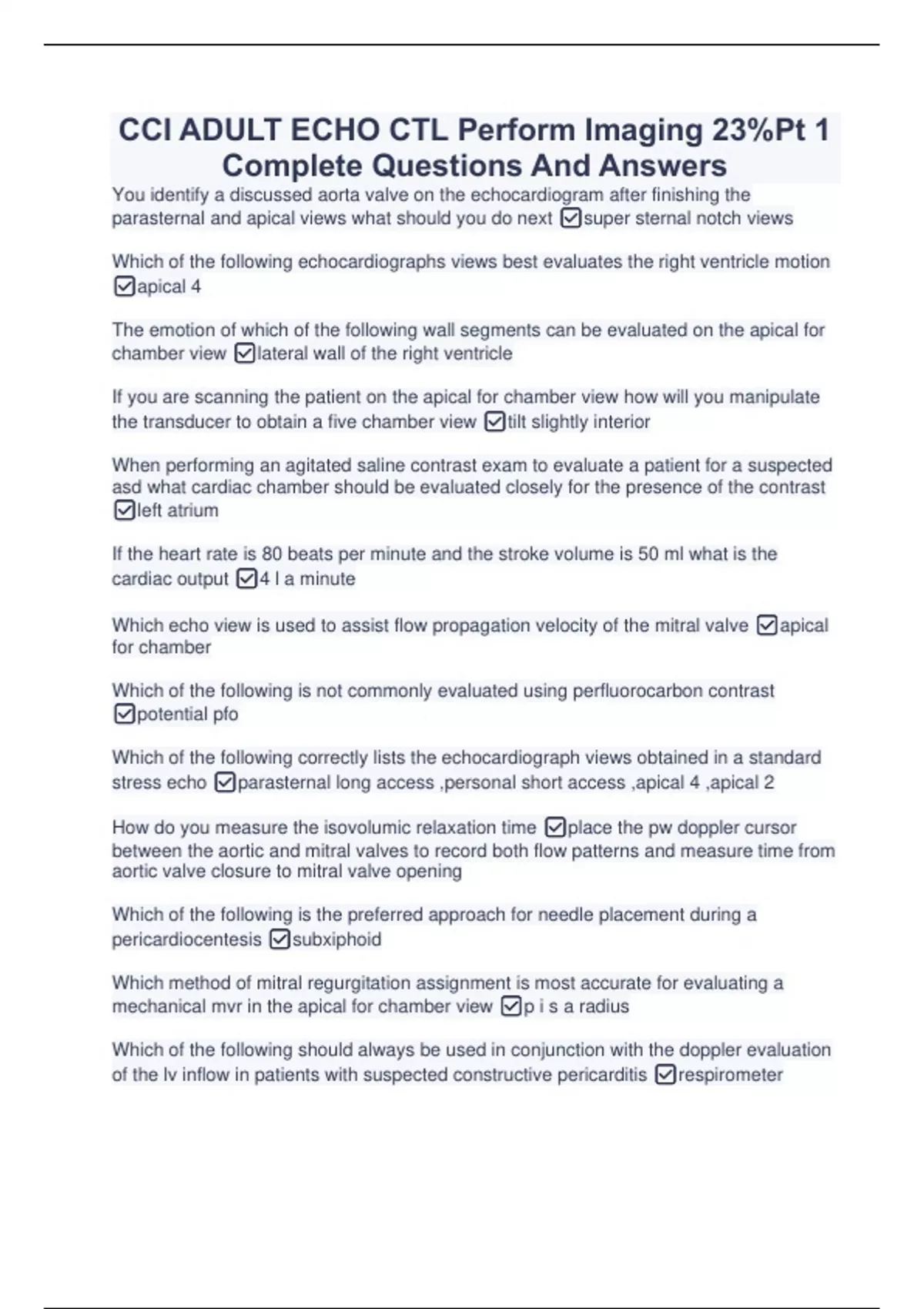 CCI ADULT ECHO CTL Perform Imaging 23%Pt 1 Complete Questions And Answers - CCI ADULT ECHO ...