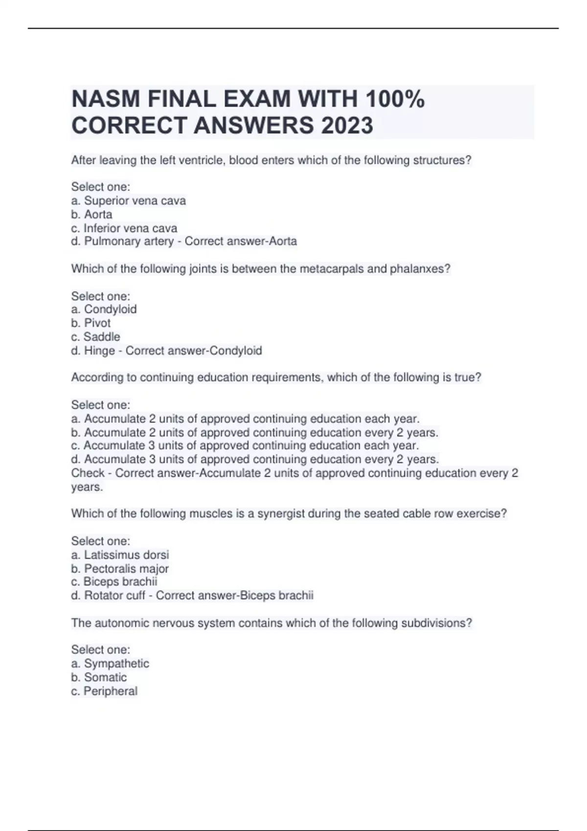 NASM FINAL EXAM WITH 100% CORRECT ANSWERS 2023 - NASM - Stuvia US
