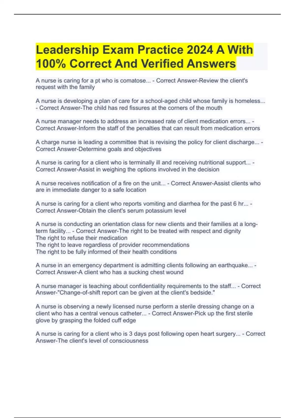 Leadership Exam Practice 2024 A With 100% Correct And Verified Answers ...