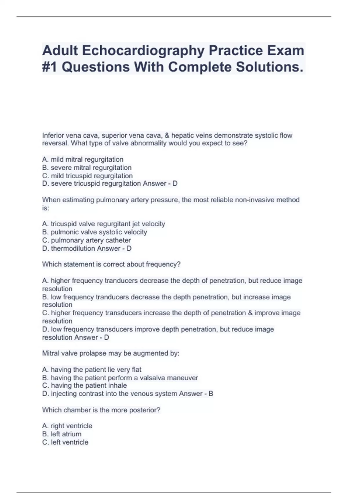 Adult Echocardiography Practice Exam #1 Questions With Complete ...