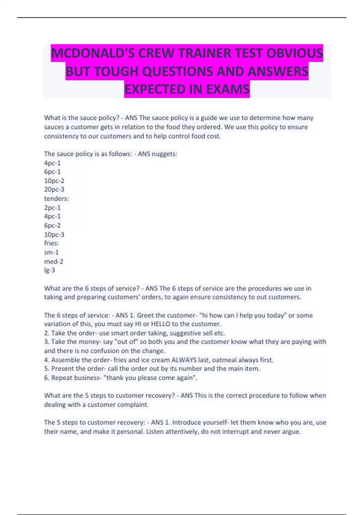 MCDONALD'S CREW TRAINER TEST OBVIOUS BUT TOUGH QUESTIONS AND ANSWERS ...