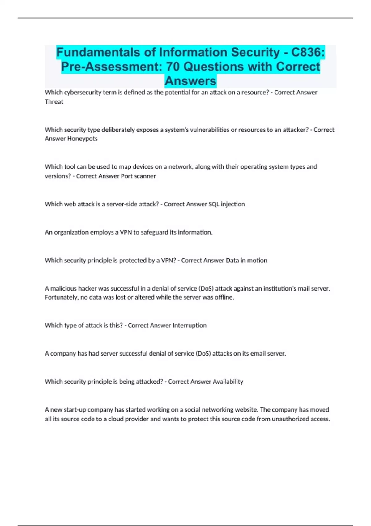 Fundamentals of Information Security - C836: Pre-Assessment: 70 ...
