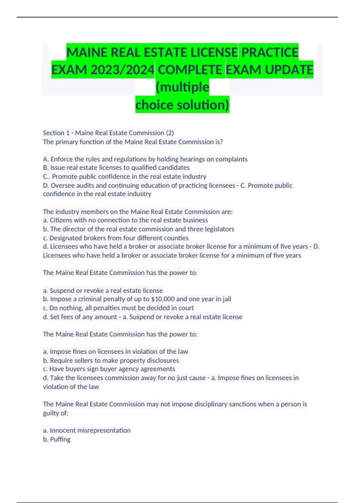 MAINE REAL ESTATE LICENSE PRACTICE EXAM 2023/2024 COMPLETE EXAM UPDATE ...