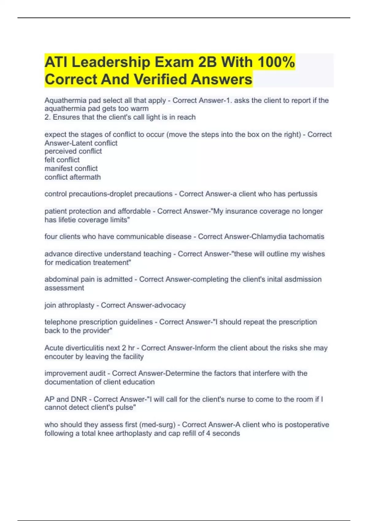 ATI Leadership Exam 2B With 100% Correct And Verified Answers - ATI Leadership - Stuvia US