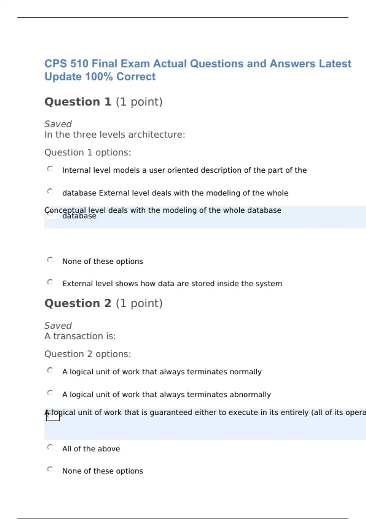 CPS 510 Final Exam Actual Questions and Answers Latest Update 100% ...