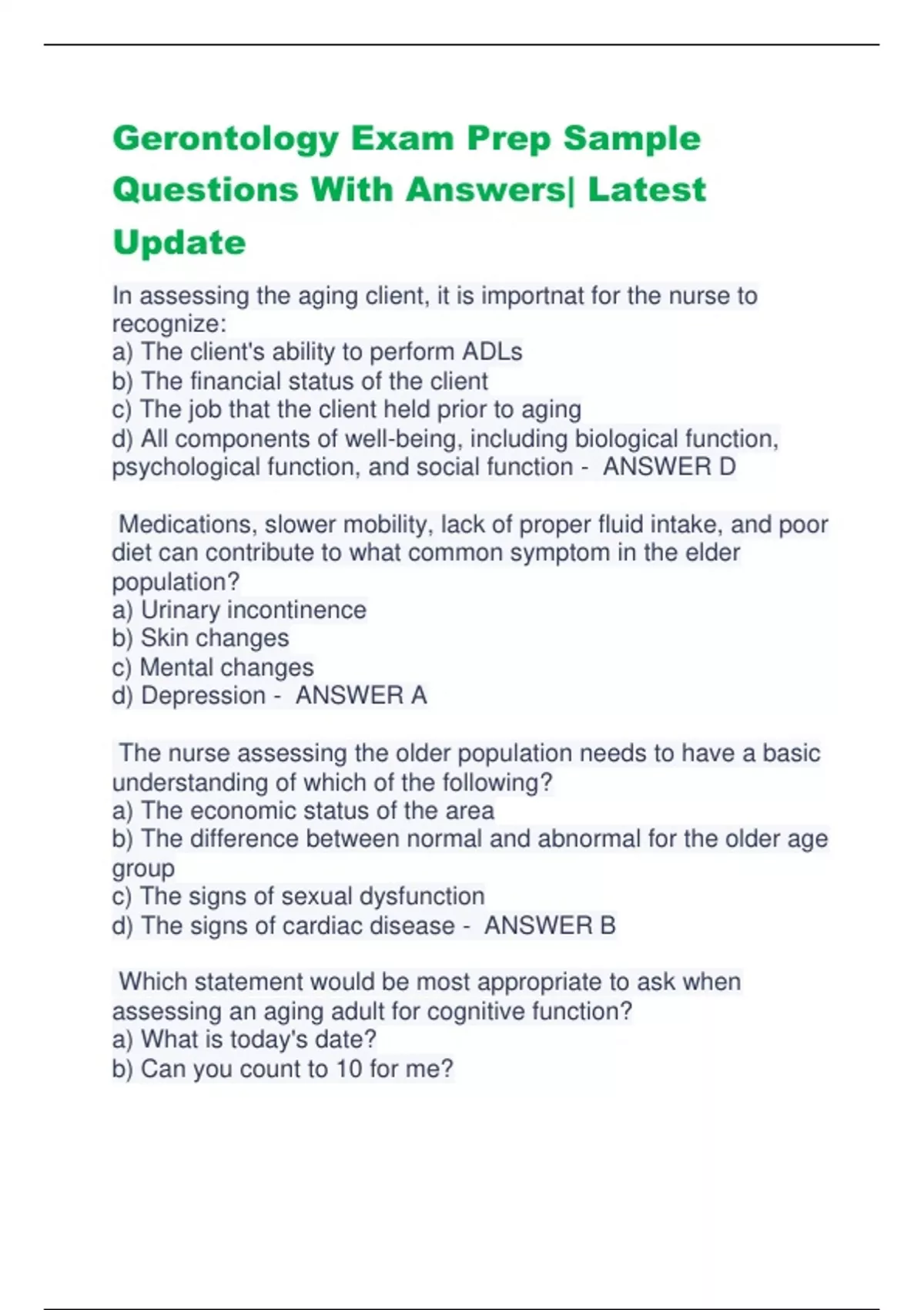 Gerontology Exam Prep Sample Questions With Answers| Latest Update ...