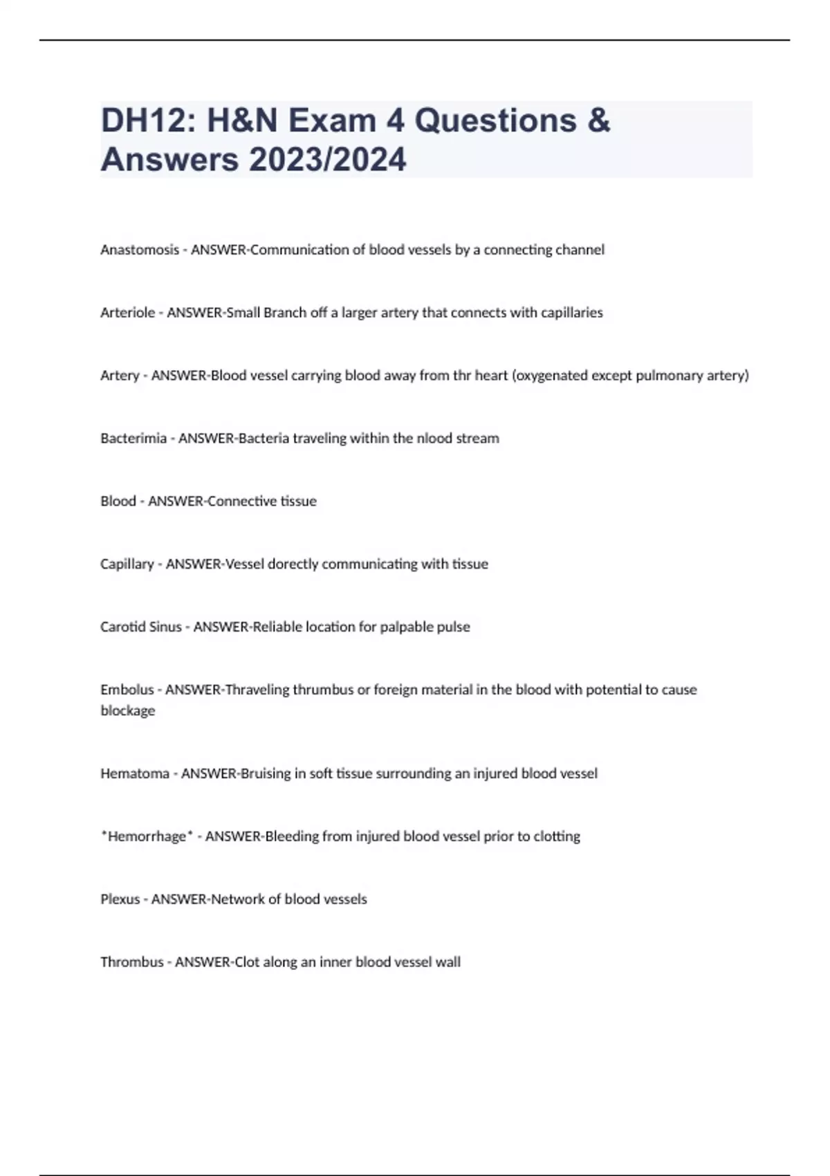 DH12: H&N Exam 4 Questions & Answers 2023/2024 - DH12: H&N - Stuvia US