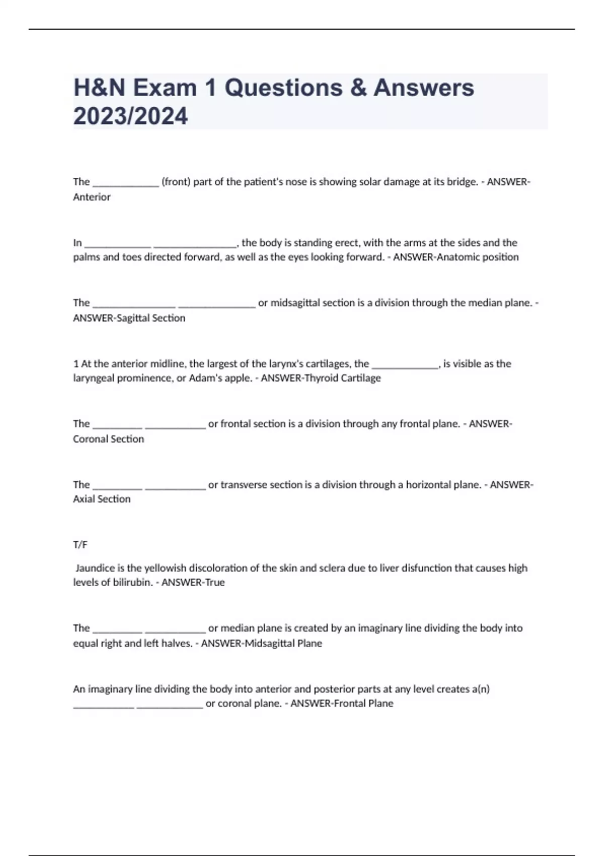 H&N Exam 1 Questions & Answers 2023/2024 - H&N - Stuvia US
