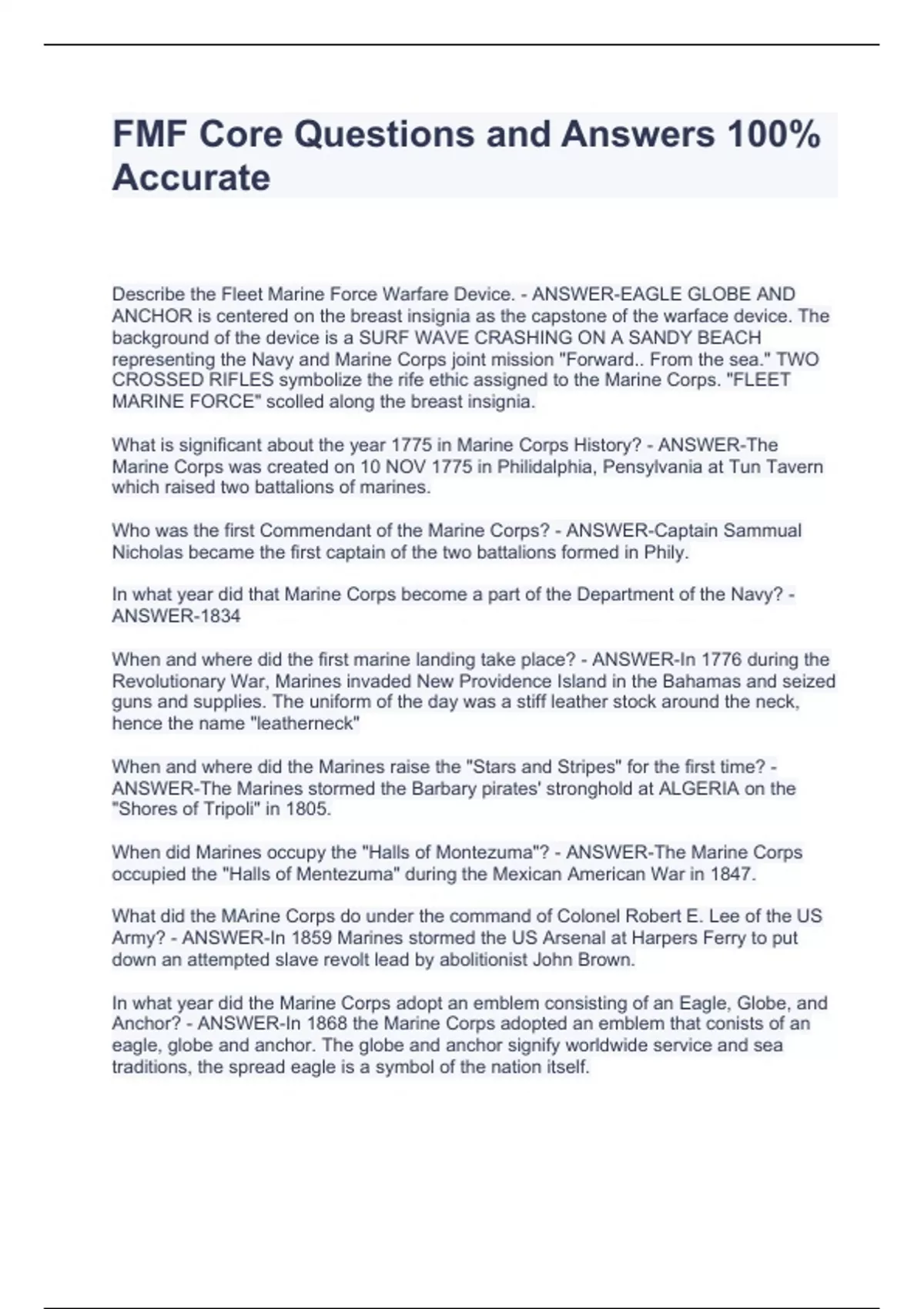 Fleet Marine Force Warfare Qualification Core Material 101: Marine ...