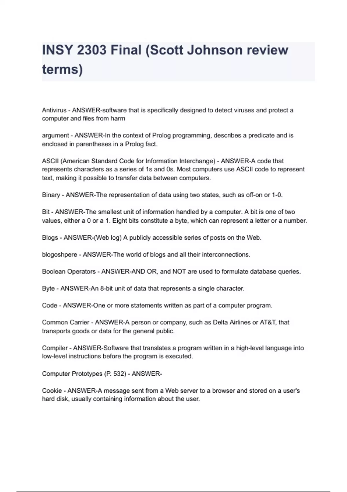 INSY 2303 Final (Scott Johnson review terms) - INSY 2303 Fina - Stuvia US