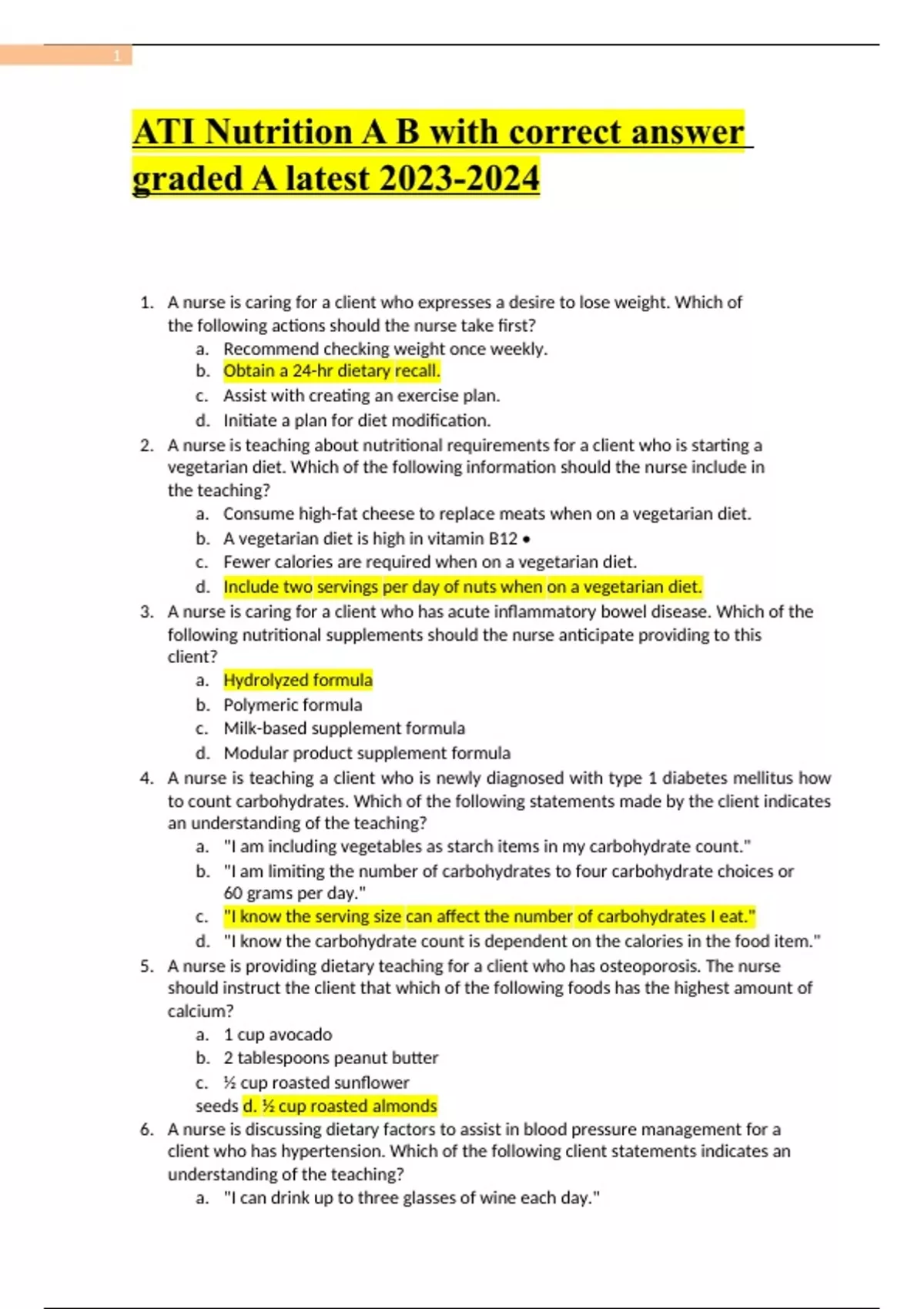 ATI Nutrition A B with correct answer graded A latest - ATI Nutrition A ...