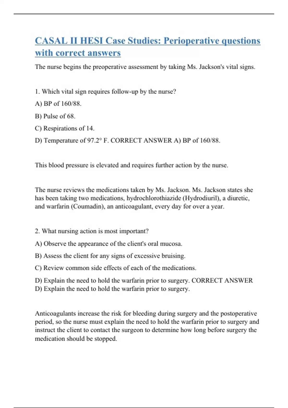CASAL II HESI Case Studies: Perioperative questions with correct ...