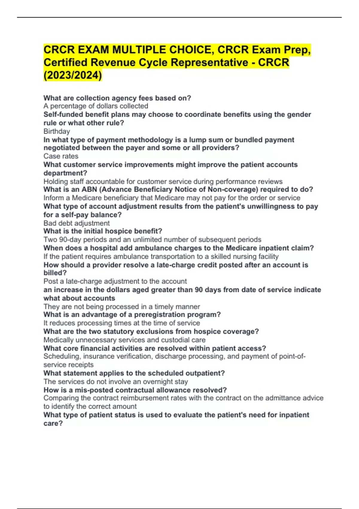 CRCR EXAM MULTIPLE CHOICE, CRCR Exam Prep, Certified Revenue Cycle Representative - CRCR (2023/ ...