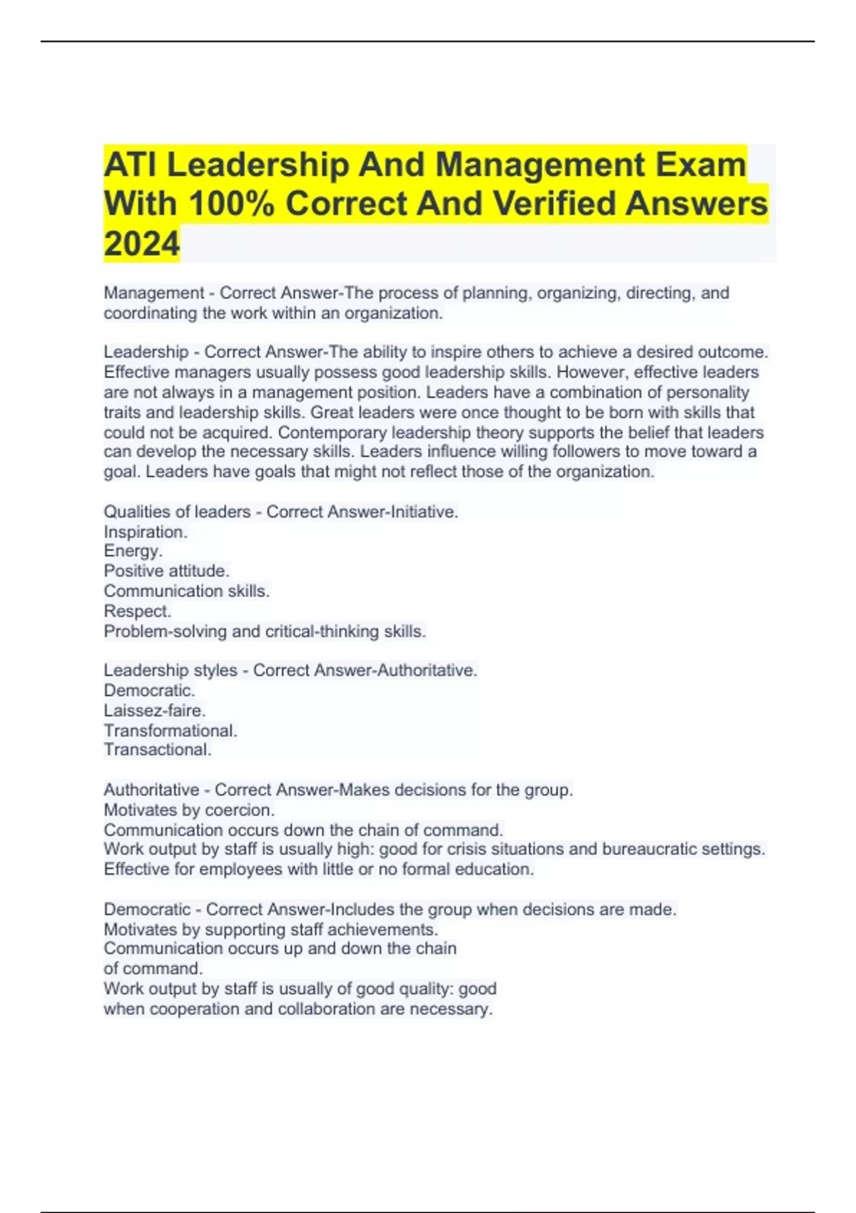 ATI Leadership And Management Exam With 100% Correct And Verified ...