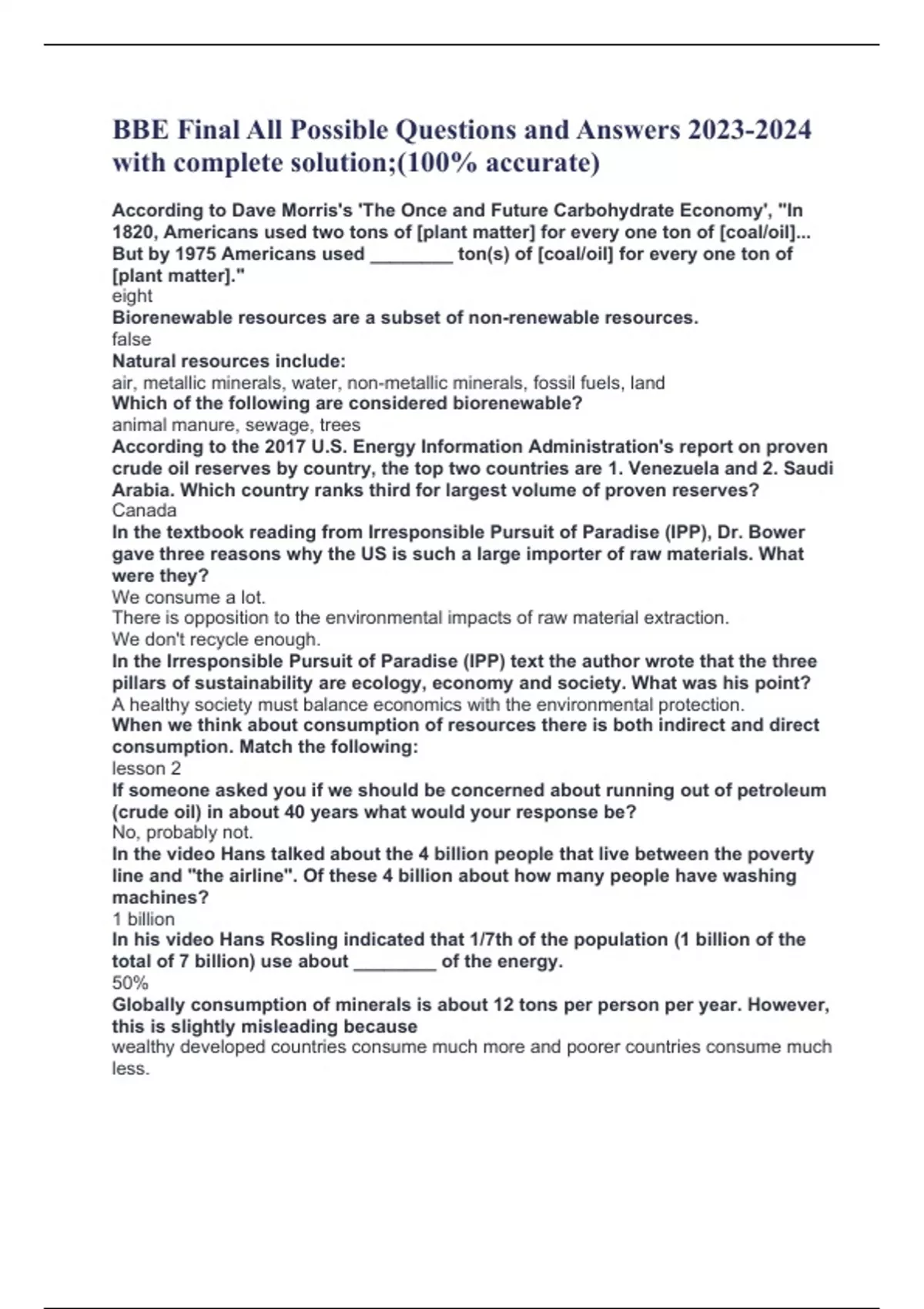 BBE Final All Possible Questions and Answers with complete solution ...