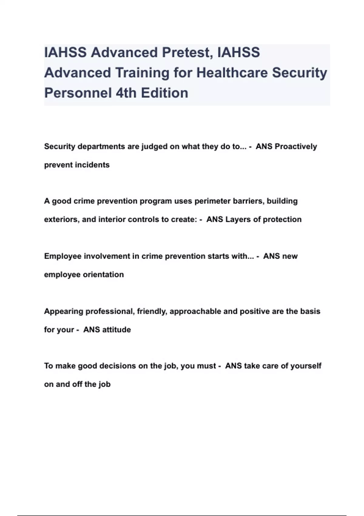 IAHSS Advanced Pretest, IAHSS Advanced Training for Healthcare Security ...