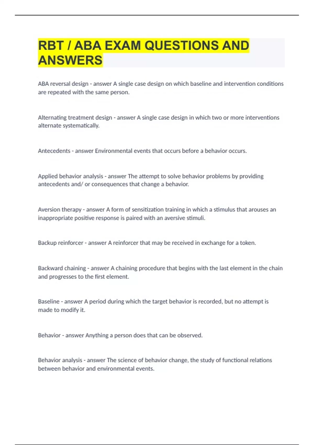 RBT ABA EXAM QUESTIONS AND ANSWERS - RBT ABA - Stuvia UK