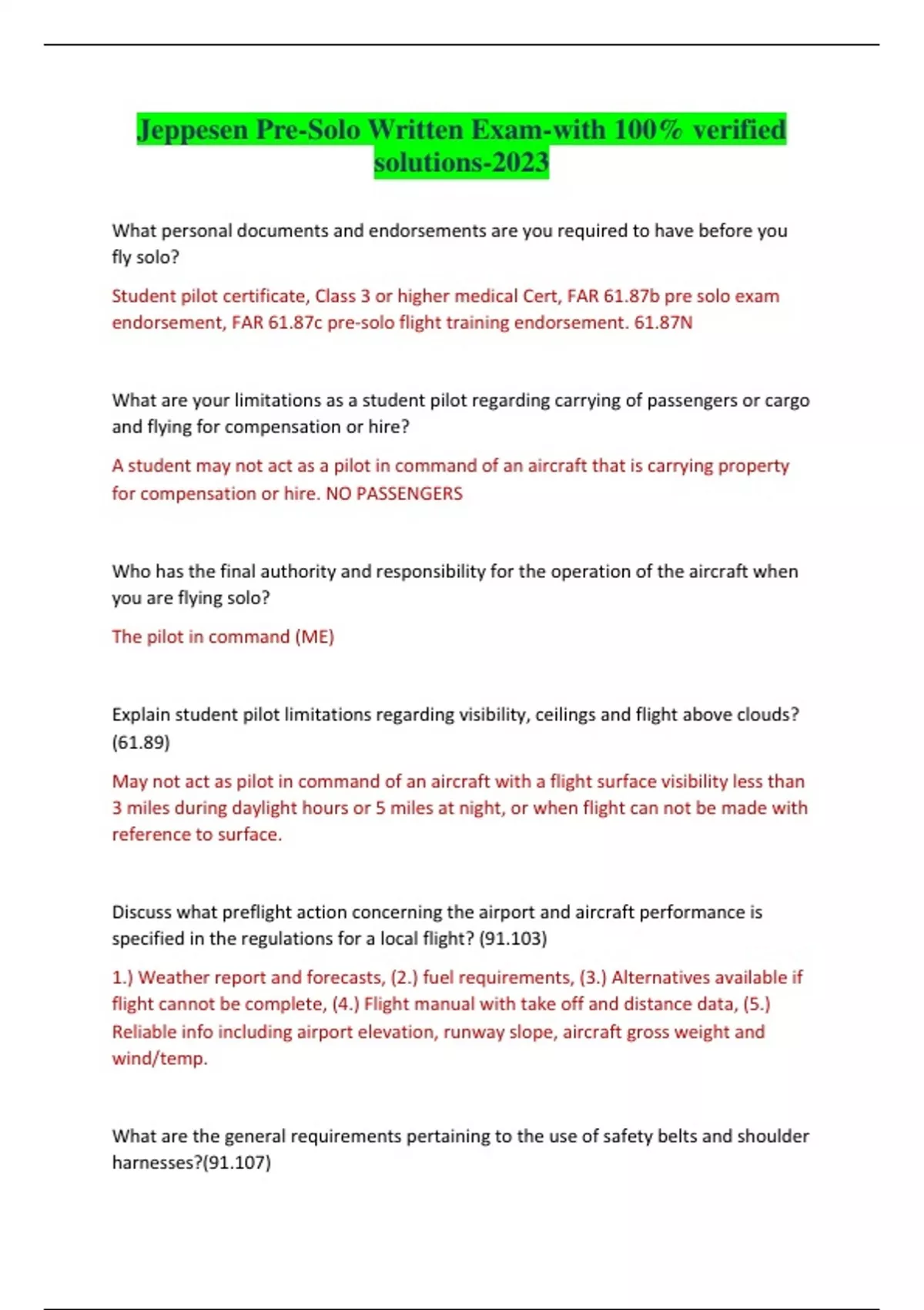 Jeppesen Pre-Solo Written Exam-with 100% verified solutions-2023 ...