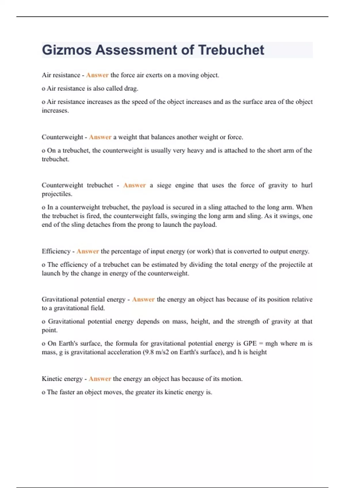 Gizmos Assessment of Trebuchet Questions and articulated Answers 2023/2024 - GIZMOS - Stuvia US