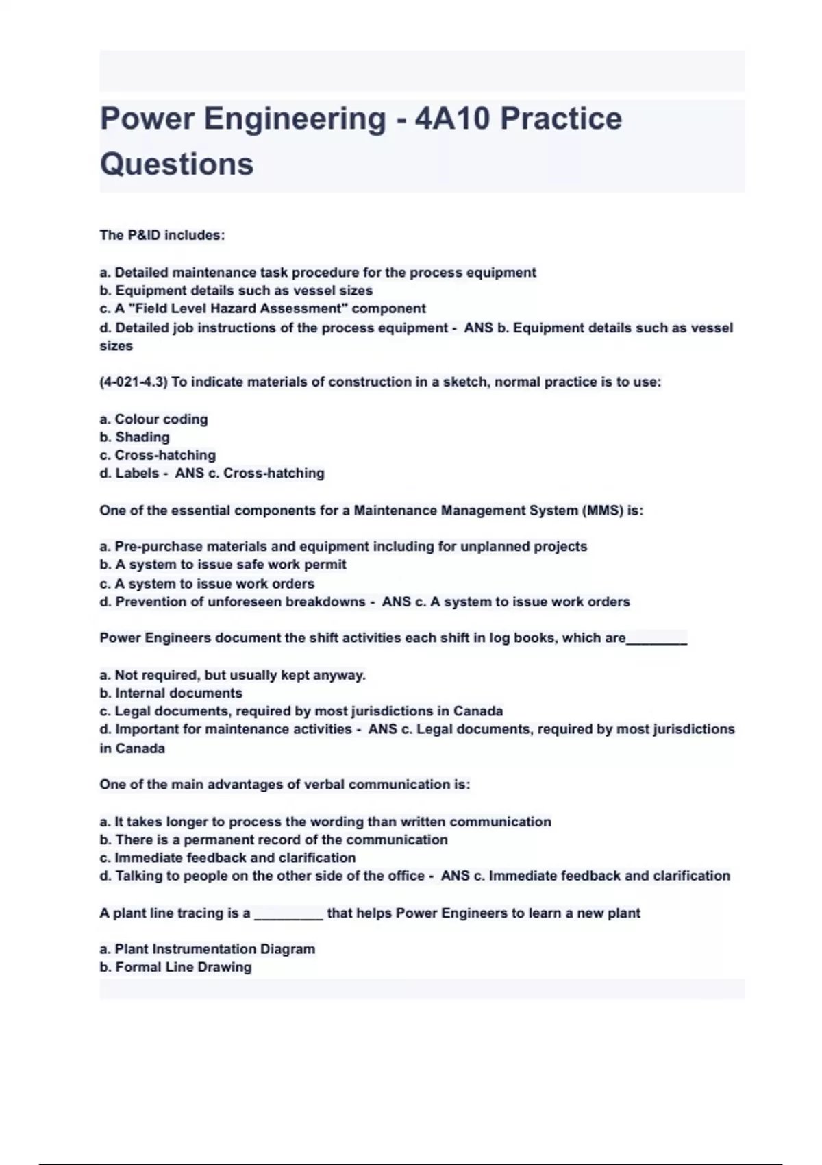 Power Engineering - 4A10 Practice Questions with correct Answers Latest ...