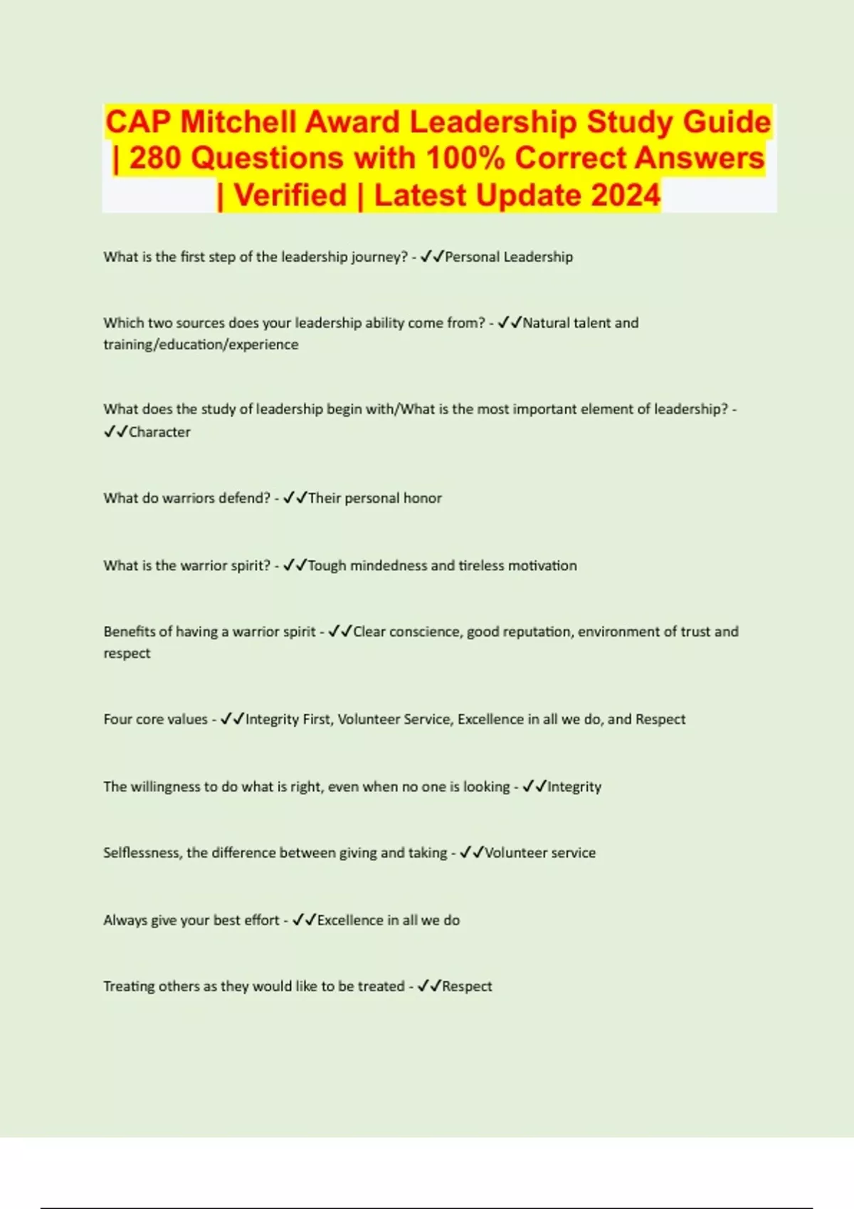 CAP Mitchell Award Leadership Study Guide | 280 Questions with 100% ...