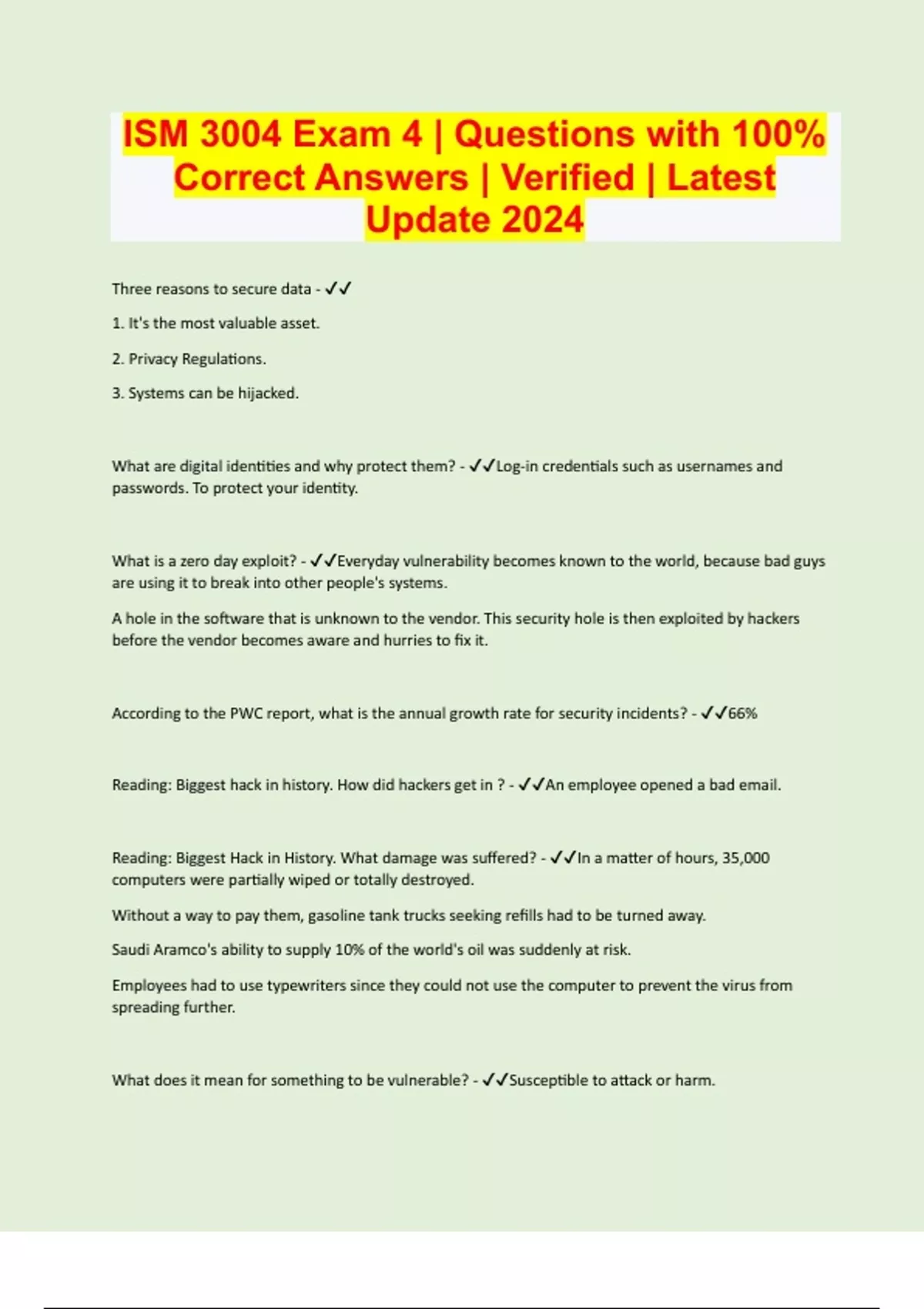 ISM 3004 Exam 4 | Questions with 100% Correct Answers | Verified ...