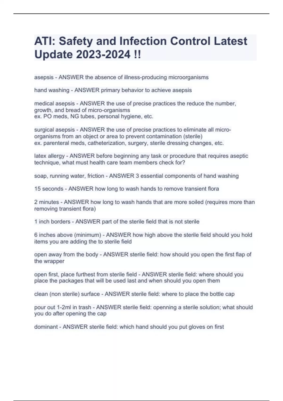 ATI: Safety and Infection Control Latest Update !! - ATI: Safety and ...