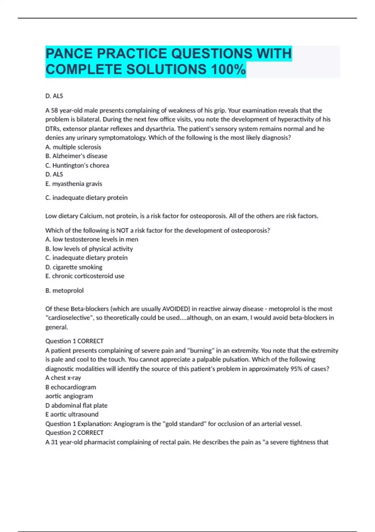 PANCE PRACTICE QUESTIONS WITH COMPLETE SOLUTIONS 100% - PANCE Prep ...
