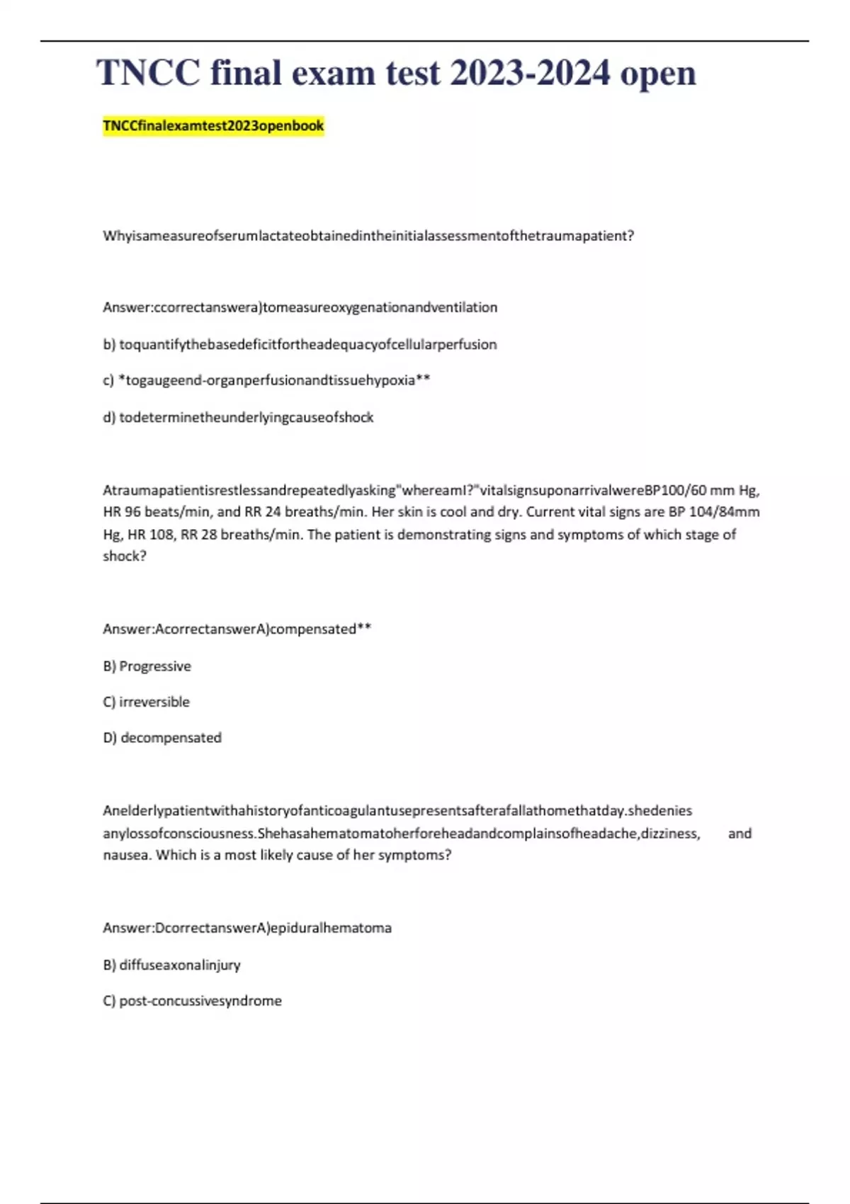 TNCC final exam test 2024 open book updated - TNCC - Stuvia US